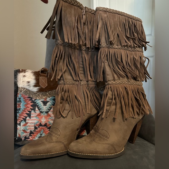 Very Volatile | Shoes | Sexy Fringe Taupe Cowgirl Boots | Poshmark